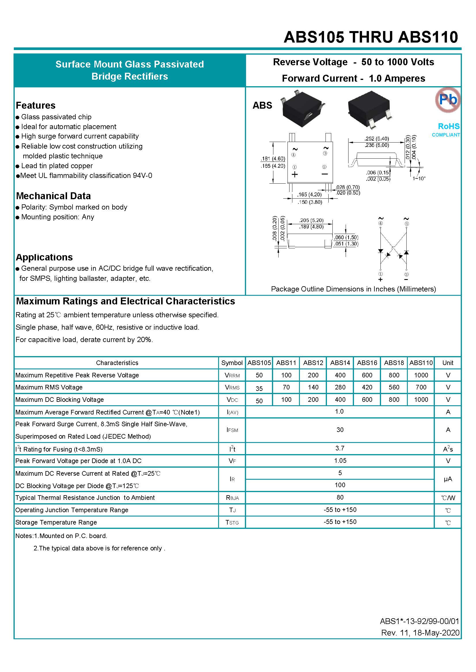 ABS110 Surface Mount Glass Passivated Rectifier Bridge from China ...