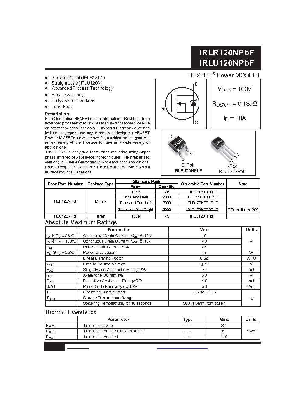 Surface Mount IRLR120N D-Pak TO-252AA 100V 10A Fast Switching HEXFET Power Mosfet from China ...